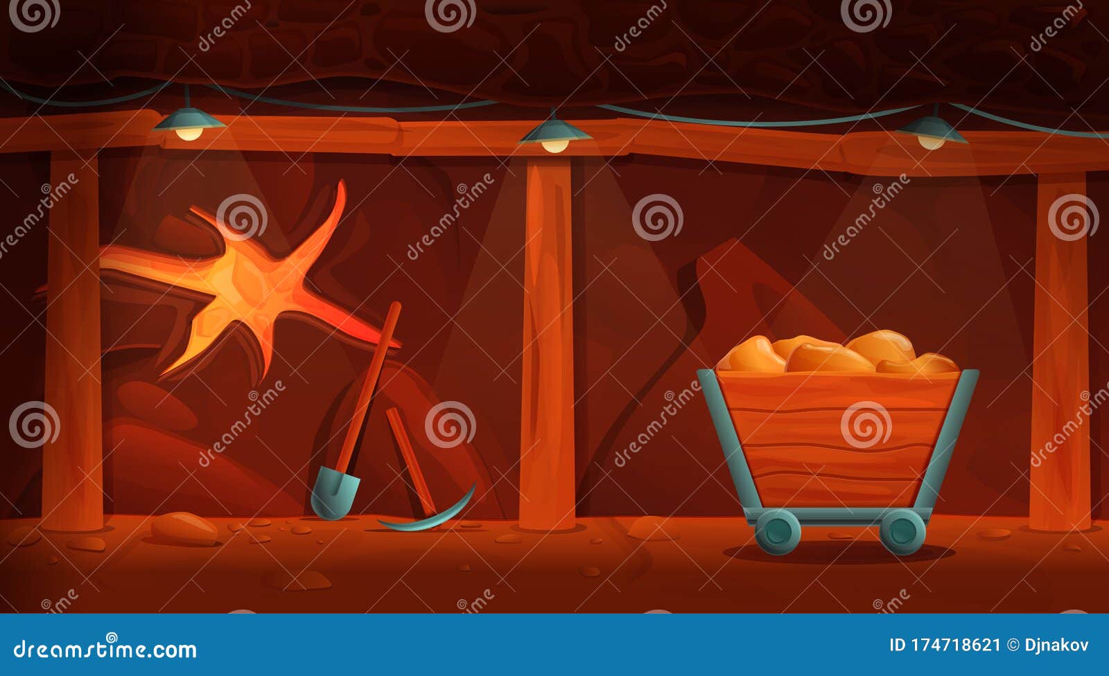 Interior of an Old Cartoon Mine with Gold and Mining Tools Stock Vector ...