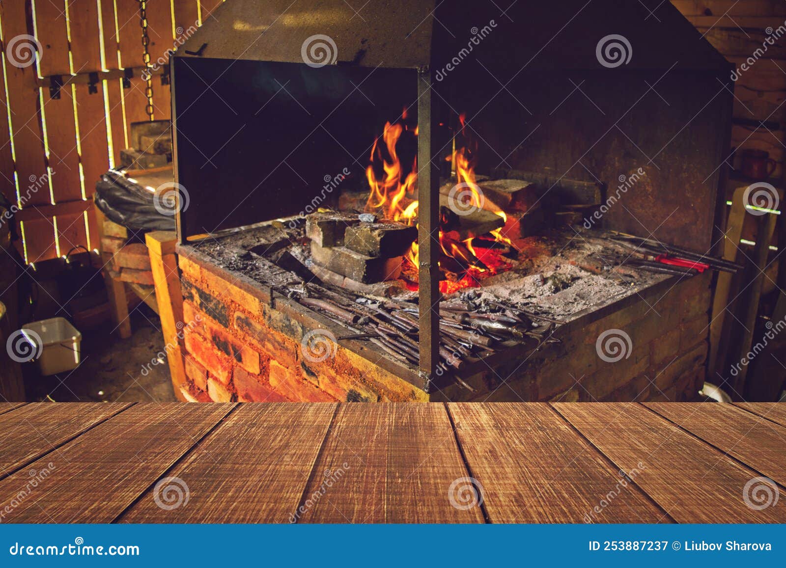 Desk of Free Space and Workshop. Interior of an Old Forge. Bright Fire ...