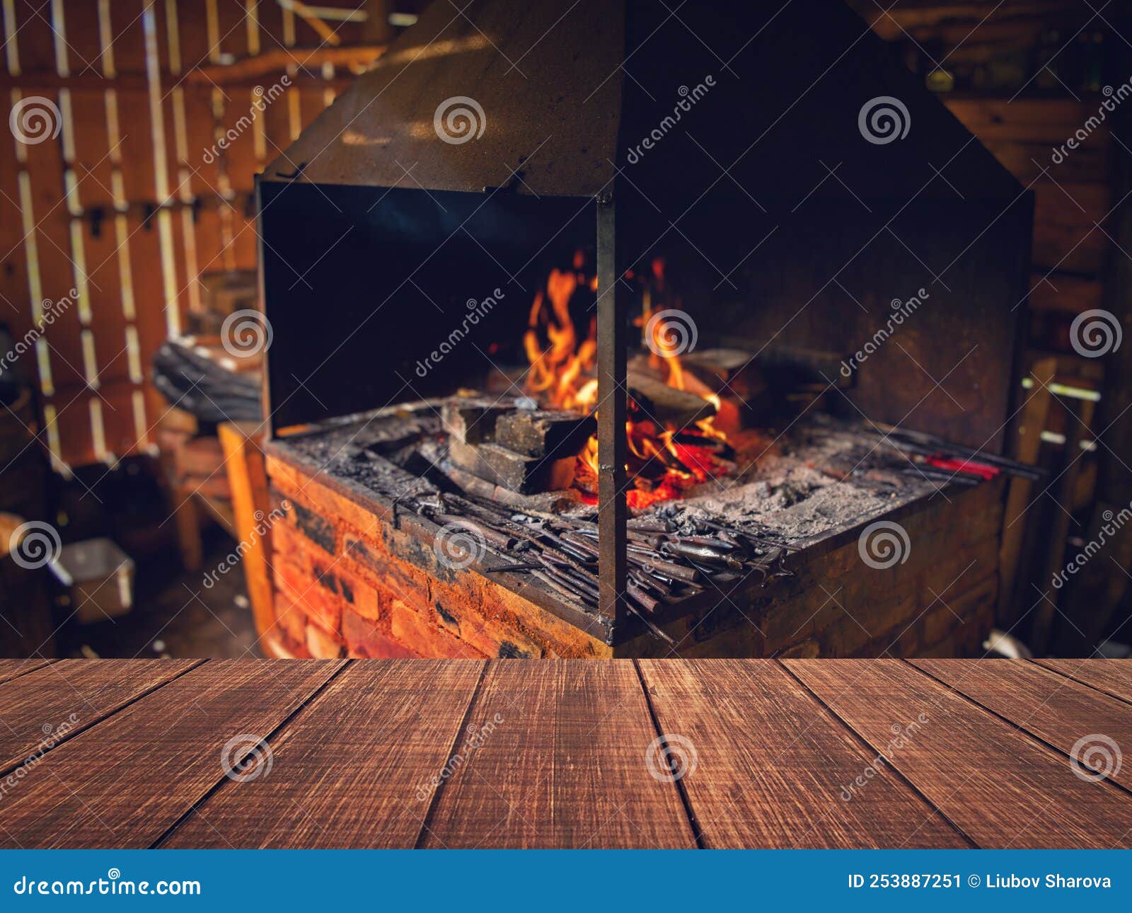 Desk of Free Space and Workshop. Interior of an Old Forge. Bright Fire ...