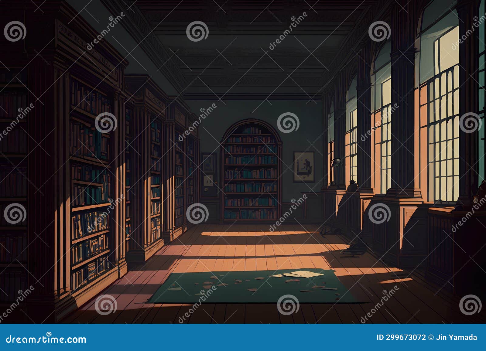 Interior of Old Library with Books and Windows. Vector Illustration ...