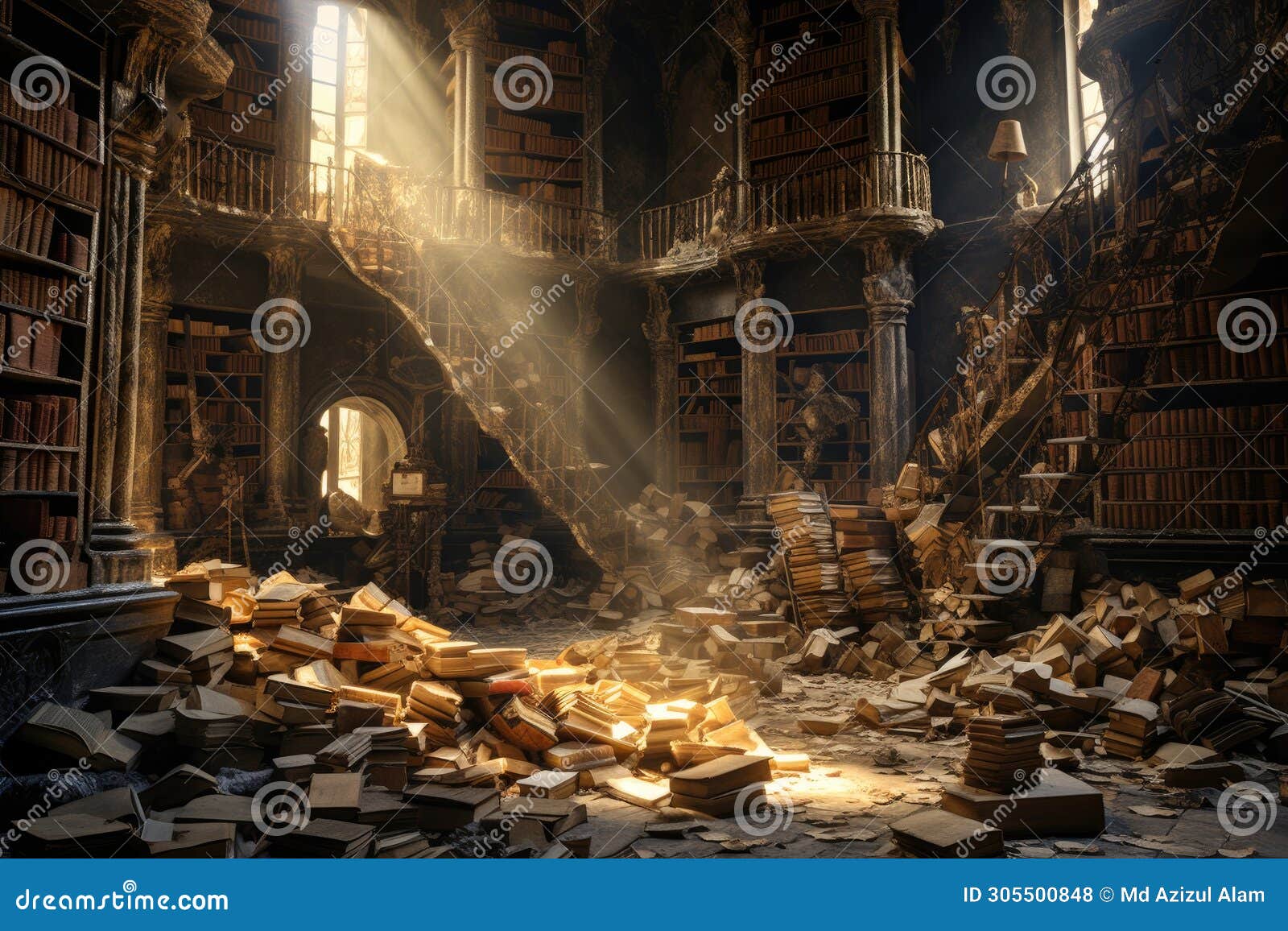 The Interior of the Old Library in the Rays of the Rising Sun, a Dusty ...