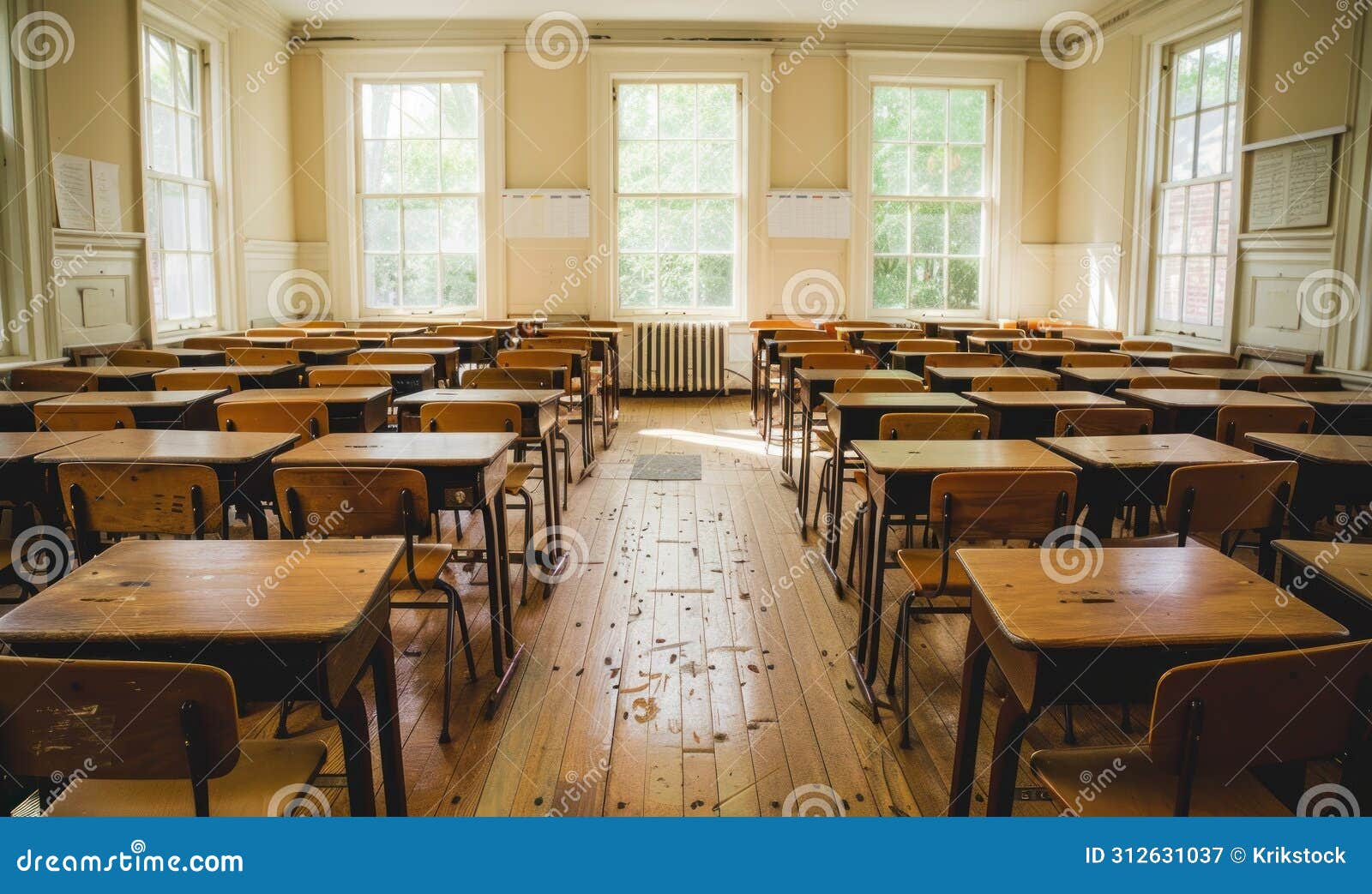 Interior of an Old School Classroom with Empty Desks and Chairs. Stock ...