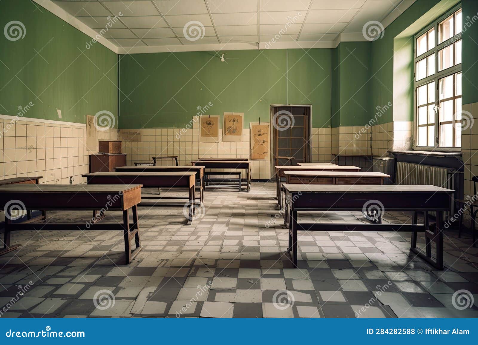 Interior of an Old School Classroom with Tables and Chairs, Retro Toned ...