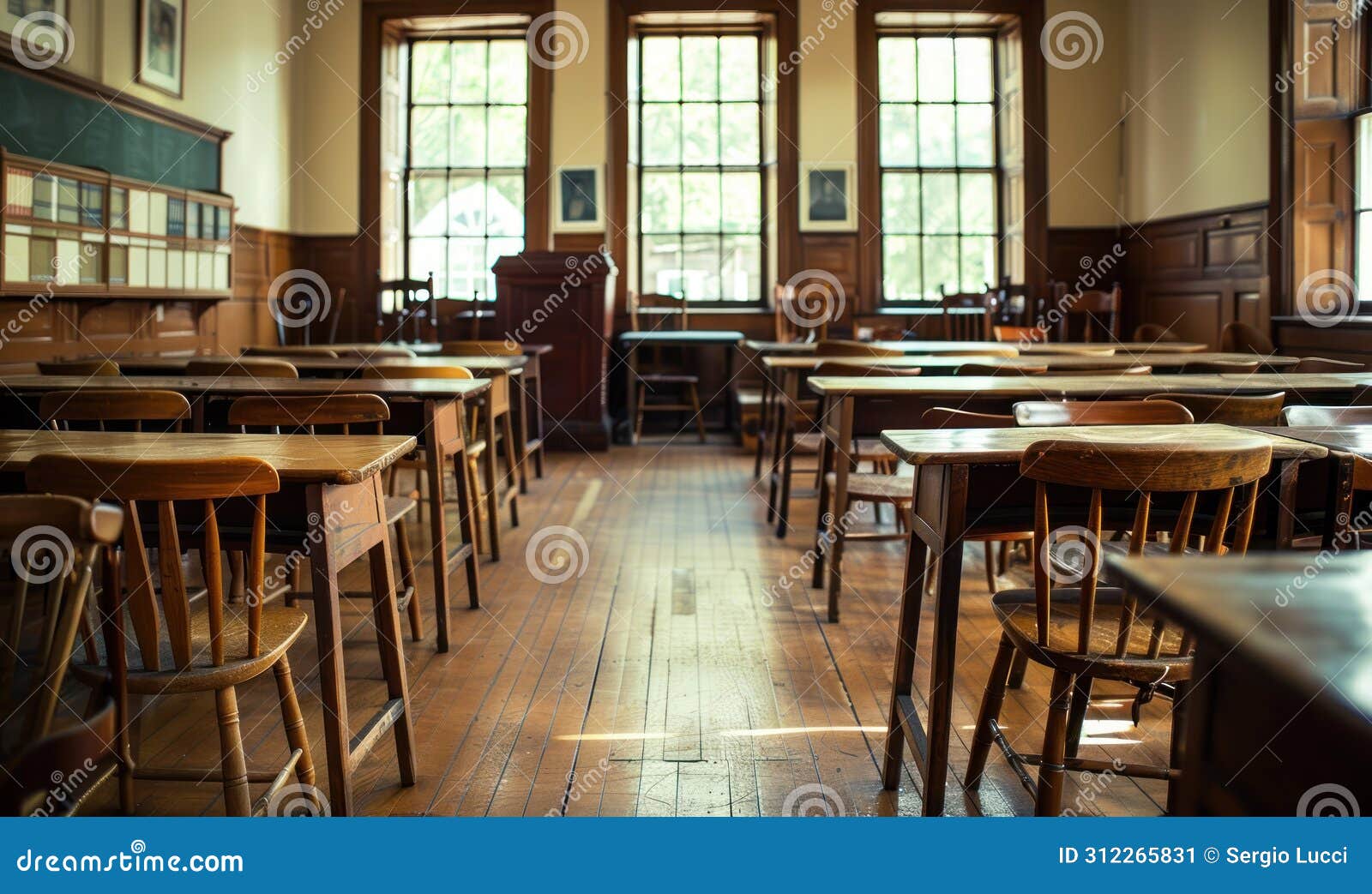 Interior of an Old School Classroom with Wooden Chairs and Tables ...