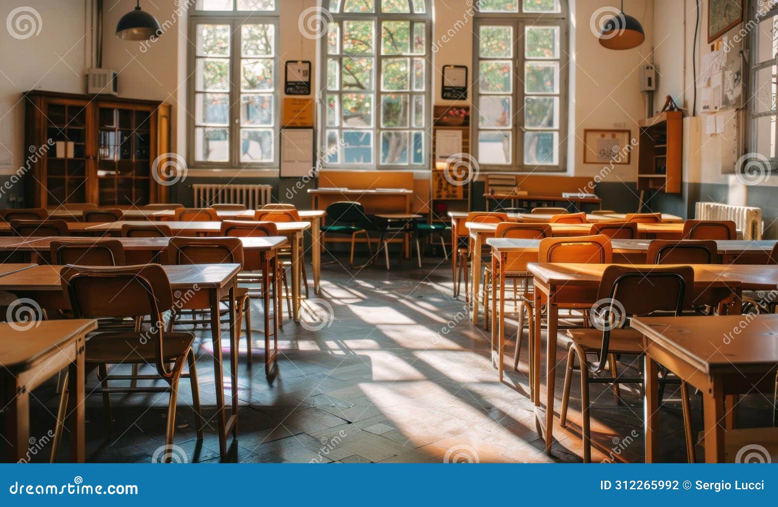 Interior of an Old School Classroom with Wooden Chairs and Tables ...