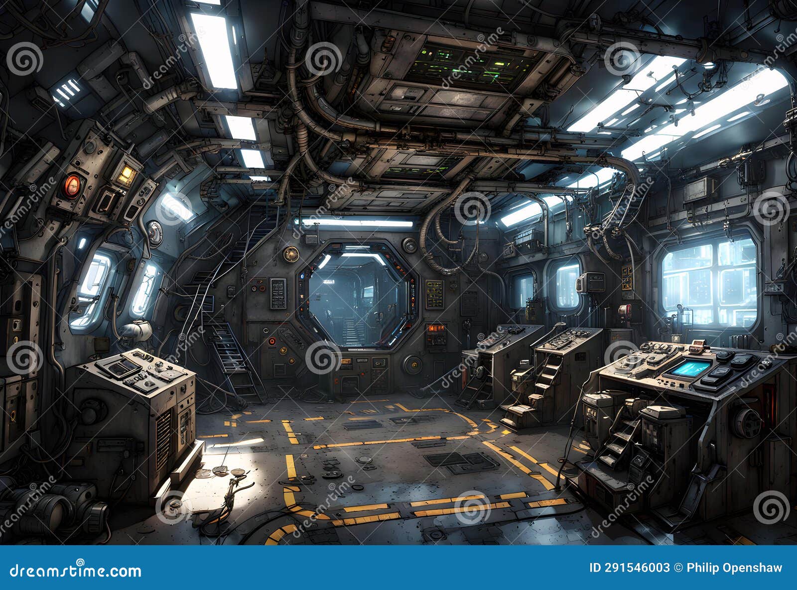 Interior of an Old Worn Space Station Cluttered with Equipment Stock ...