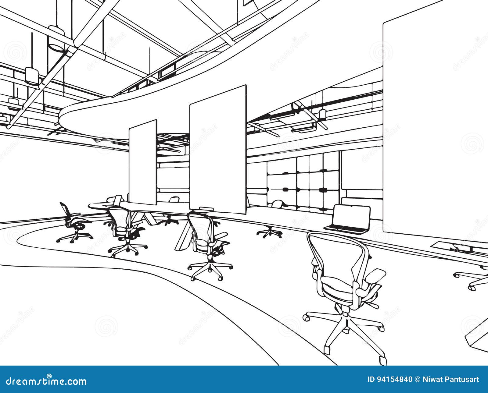 Interior Outline Sketch Drawing Perspective Office Stock Vector ...