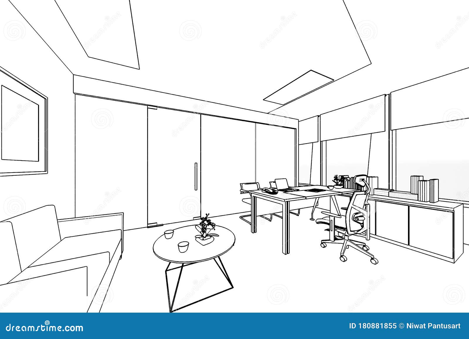 Interior Outline Sketch Drawing Perspective of a Space Office Stock ...