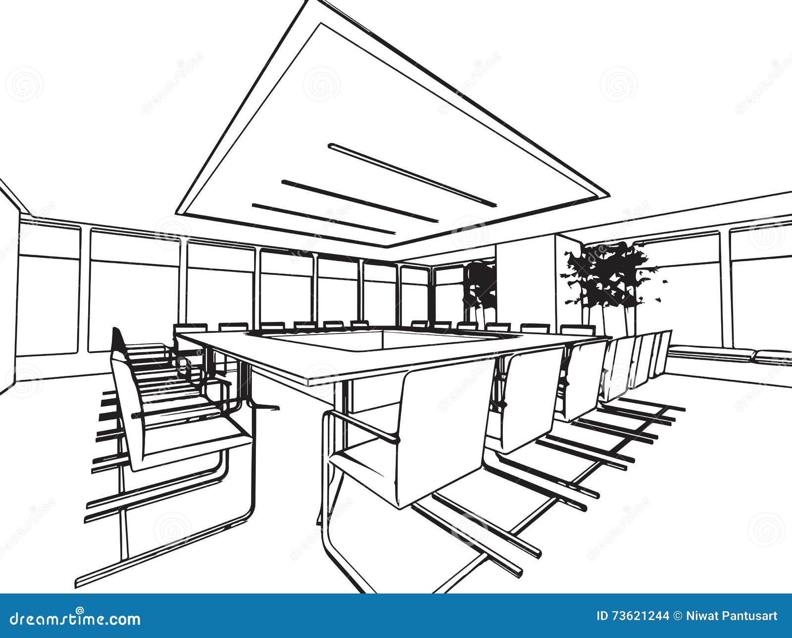 Interior Outline Sketch Drawing Perspective Of A Space Office Vector ...