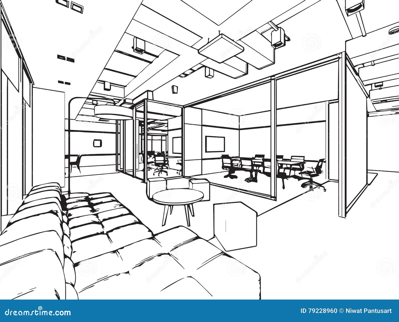 Interior Outline Sketch Drawing Perspective Of A Space Office Vector ...