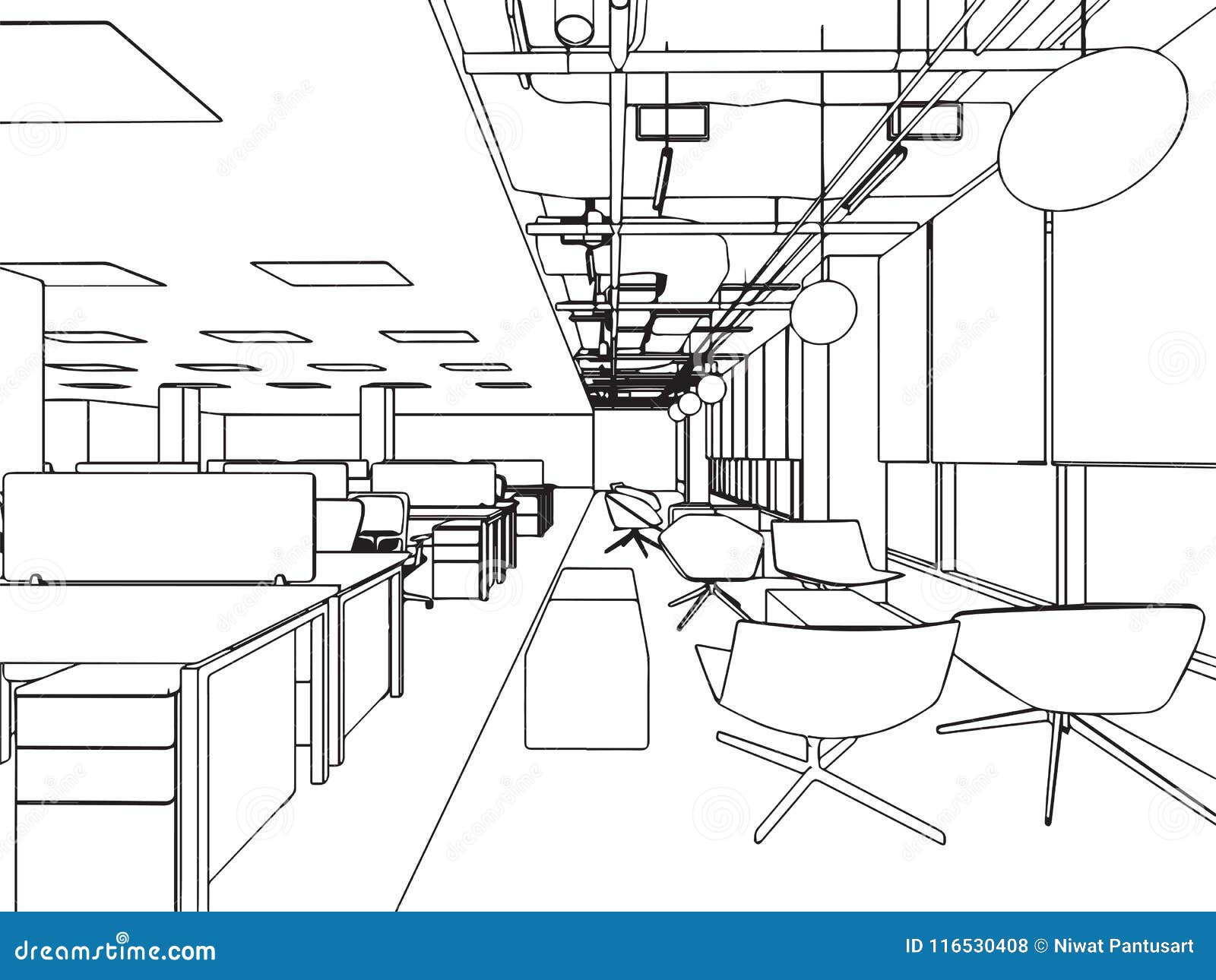 Interior Outline Sketch Drawing Perspective Office Stock Vector ...