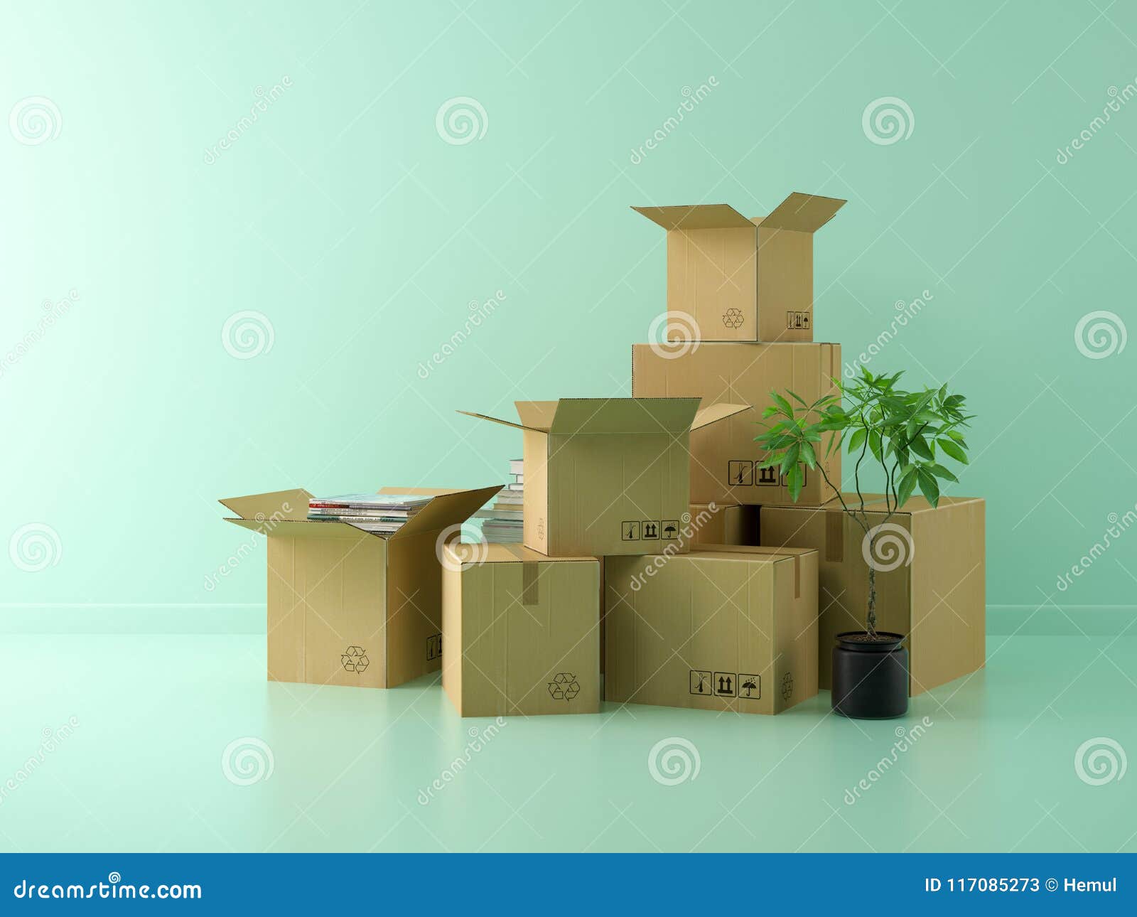 Interior with Packed Cardboard Boxes for Relocation 3D Rendering Stock ...
