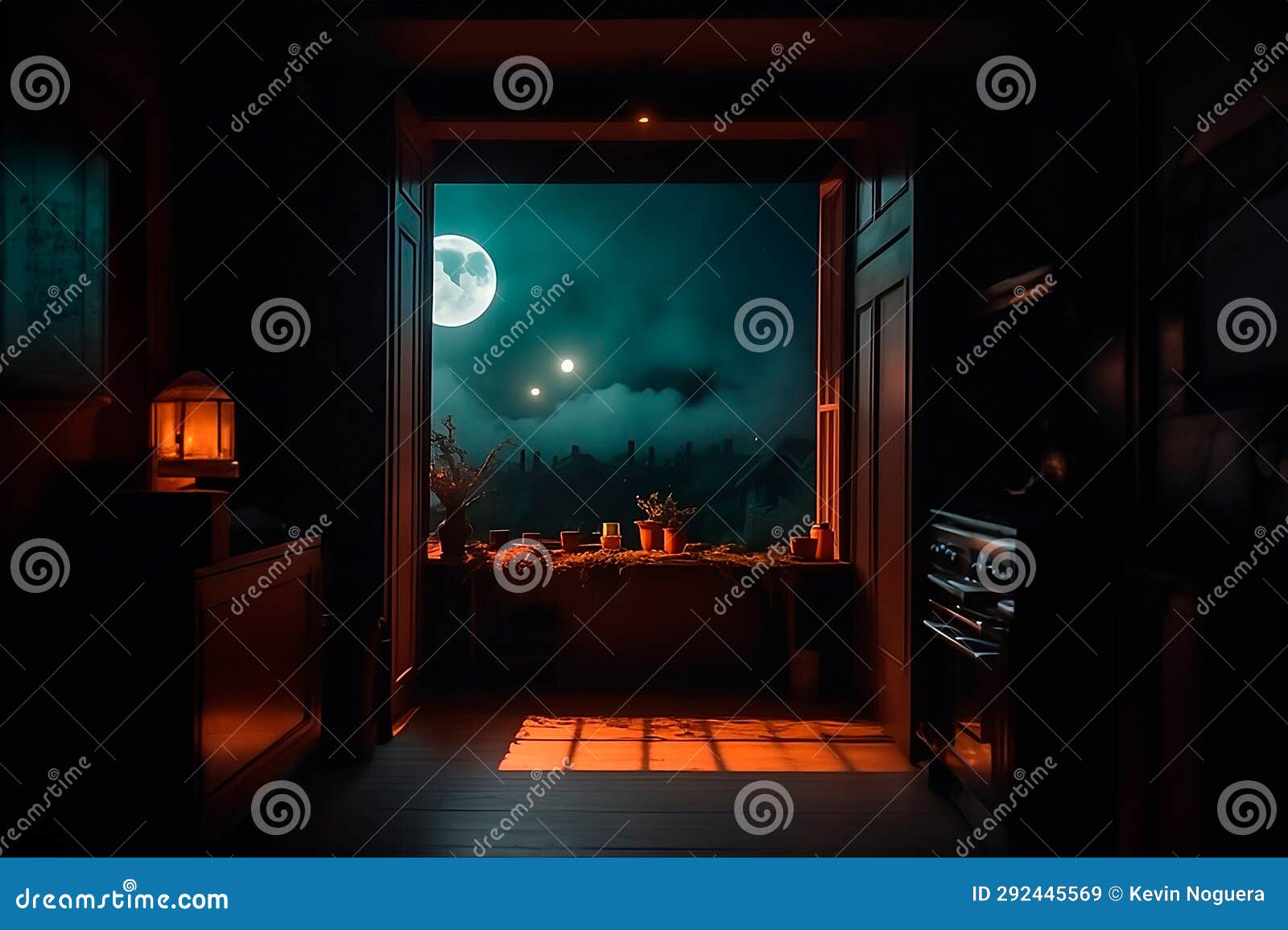 Interior Photo of Room with View of the Full Moon Stock Image - Image ...