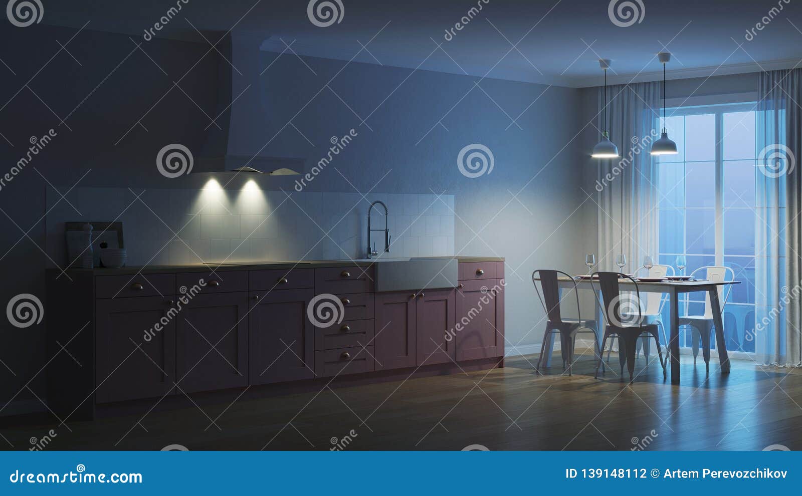 Interior with Pink Kitchen and Dining Area. Night. Evening Lighting ...