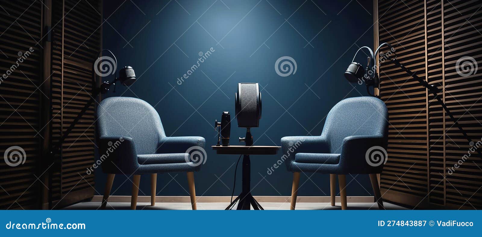 The Interior of the Podcast Studio, Two Chairs with Microphones, Dark ...