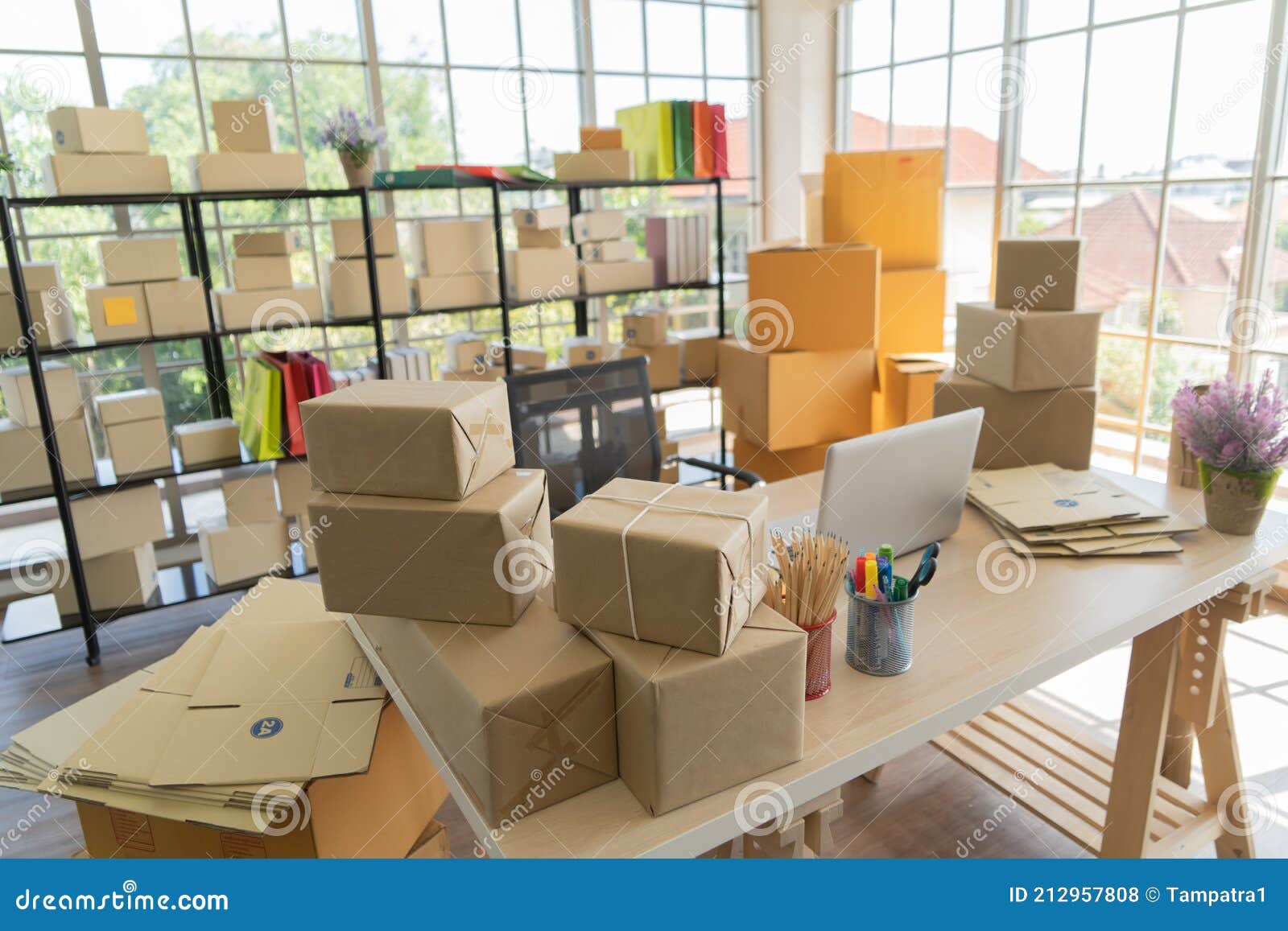 Interior of Postal Parcel Packaging Carton Box Delivery and Computer ...