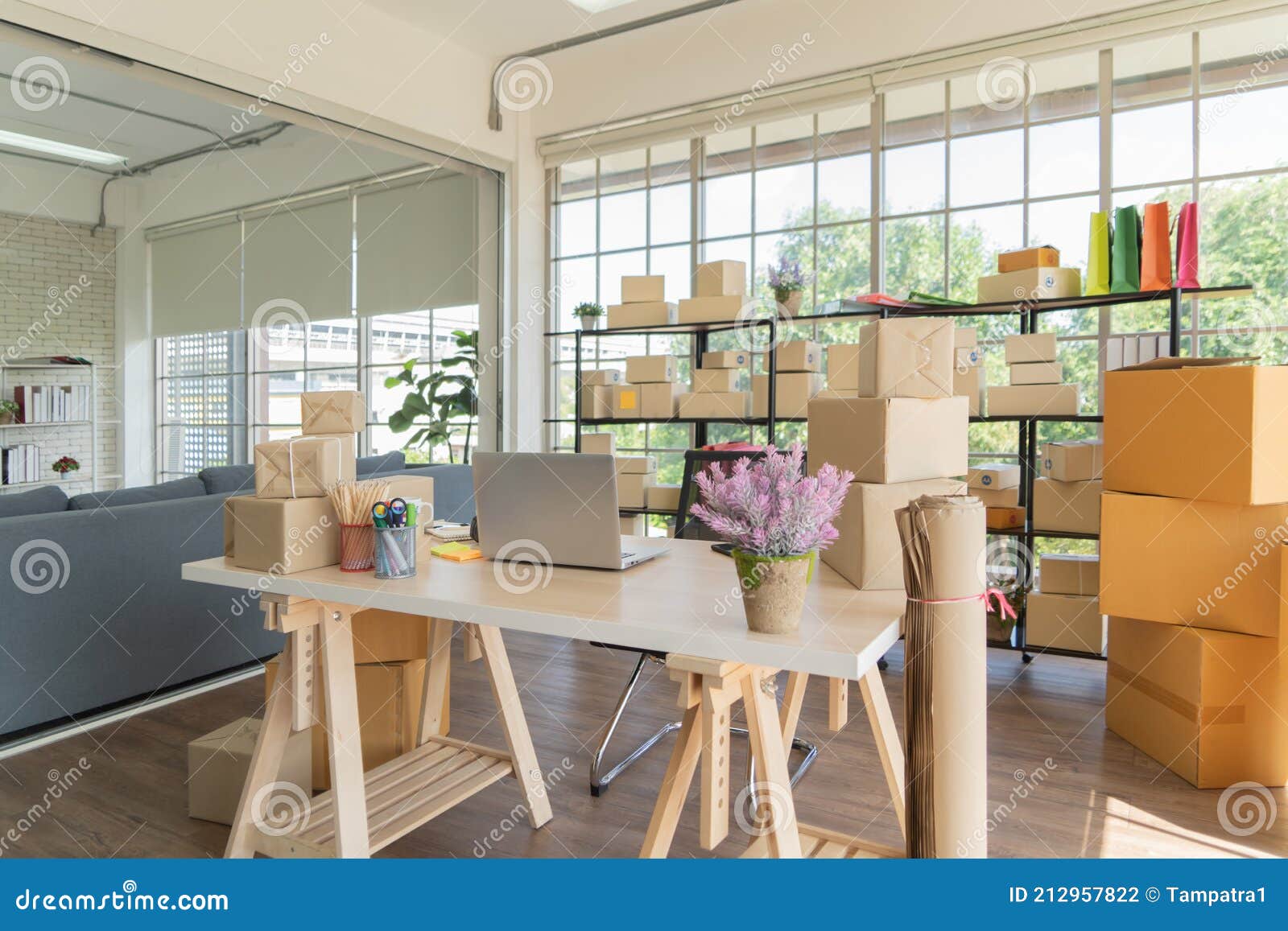 Interior of Postal Parcel Packaging Carton Box Delivery and Computer ...