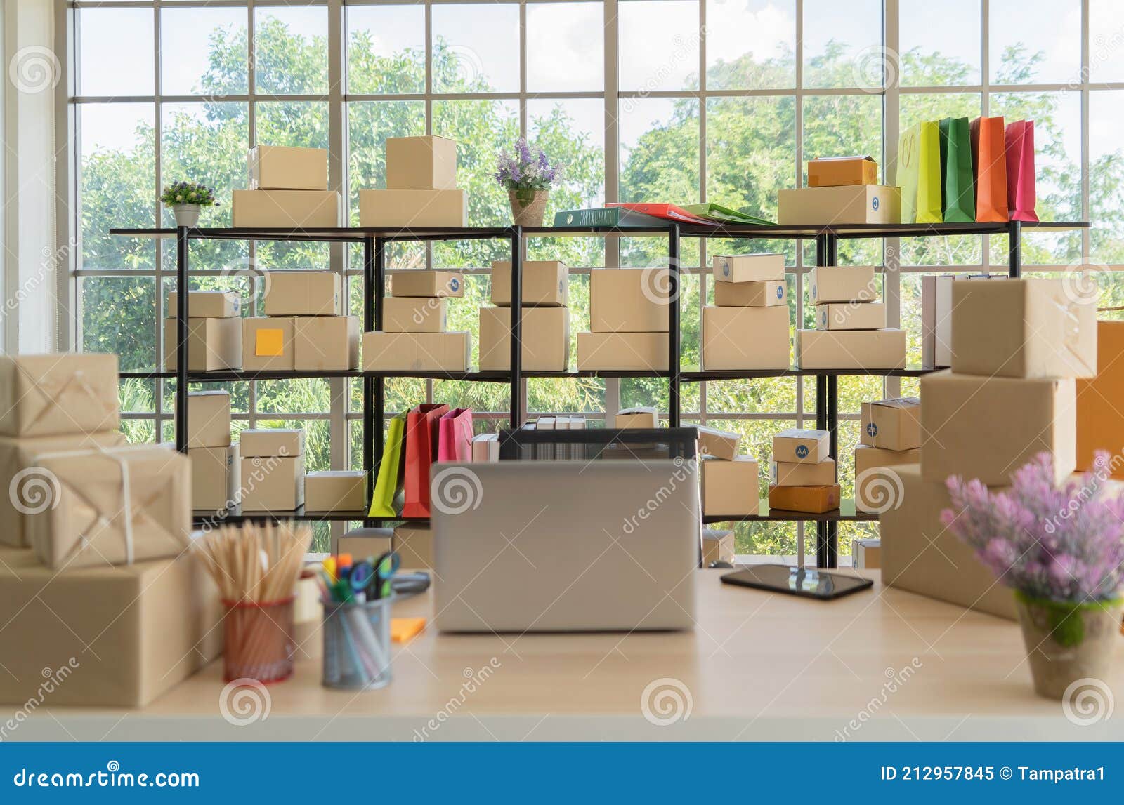 Interior of Postal Parcel Packaging Carton Box Delivery and Computer ...