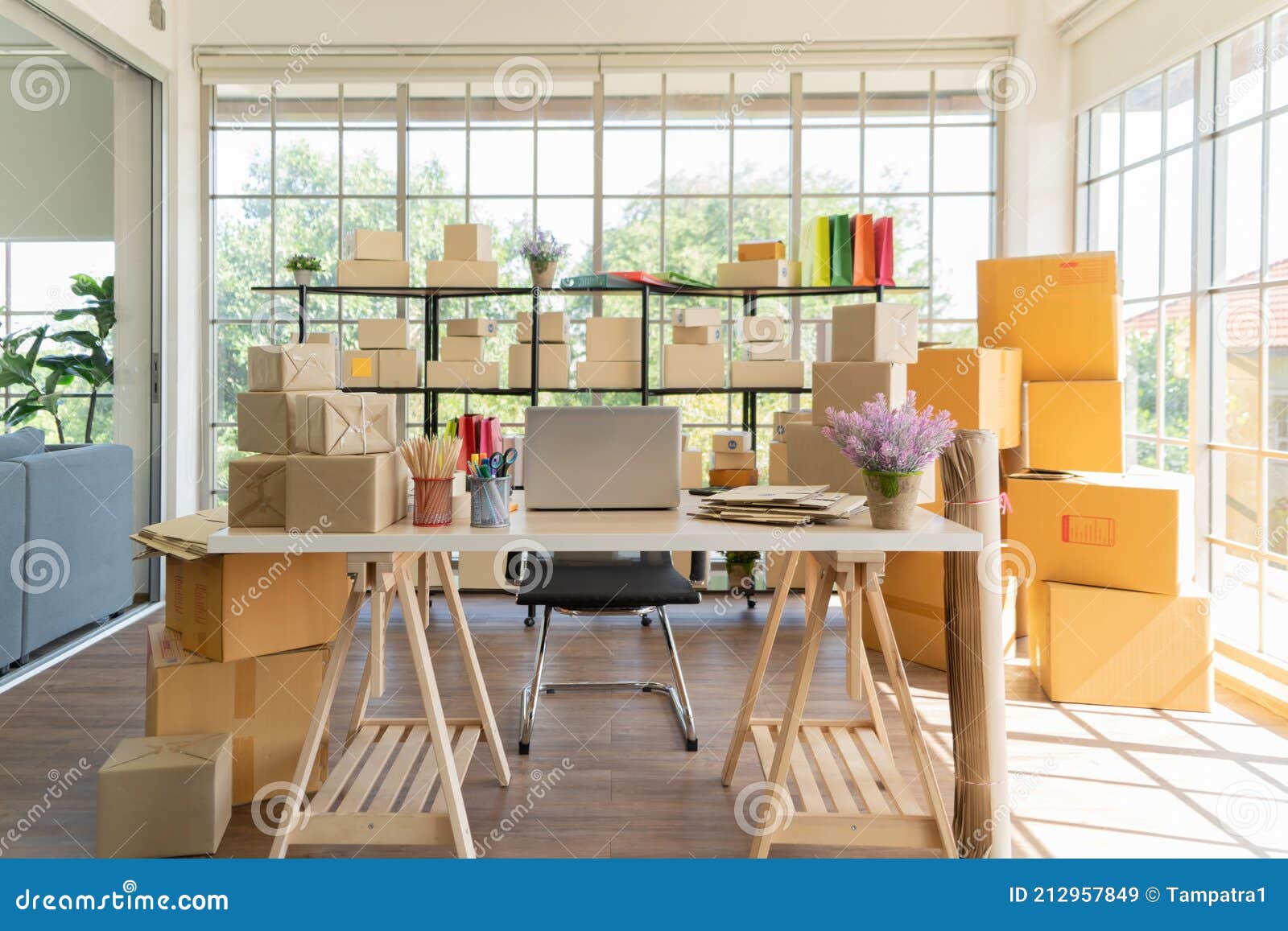 Interior of Postal Parcel Packaging Carton Box Delivery and Computer ...