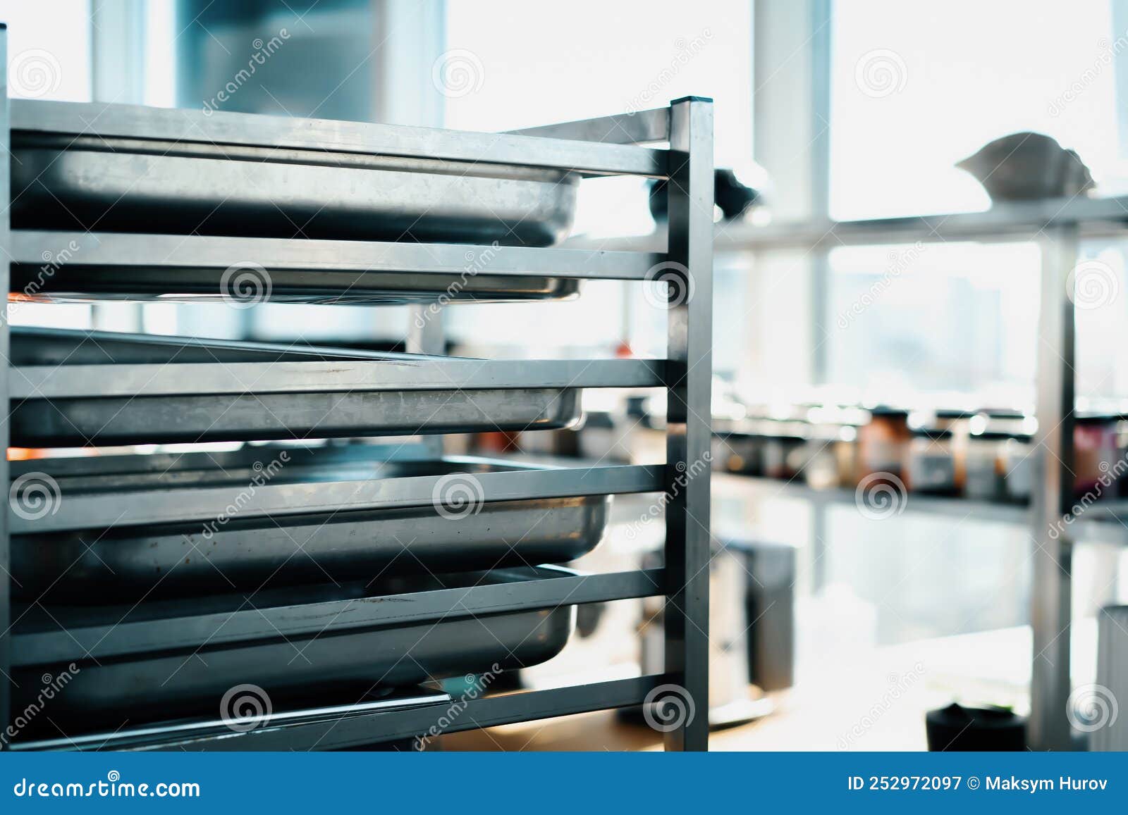 Interior Professional Restaurant Kitchen, Rack with Baking Sheets Stock ...