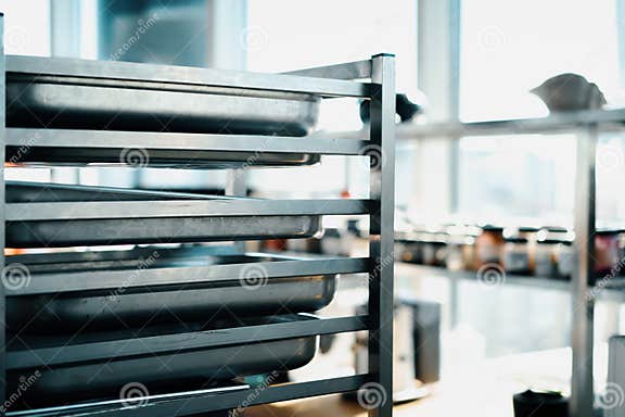 Interior Professional Restaurant Kitchen, Rack with Baking Sheets Stock ...