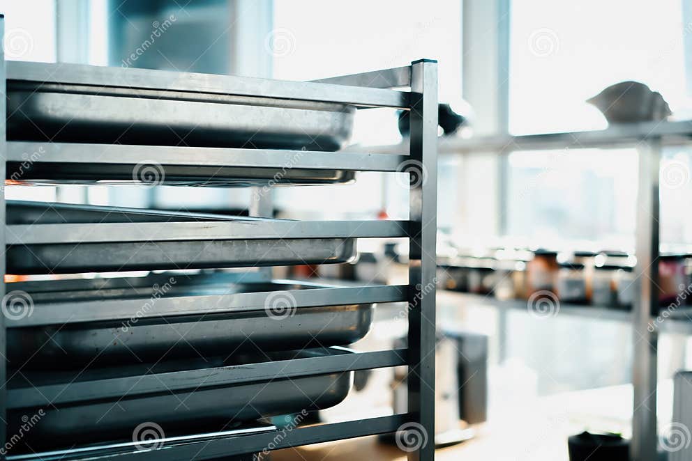 Interior Professional Restaurant Kitchen, Rack with Baking Sheets Stock ...