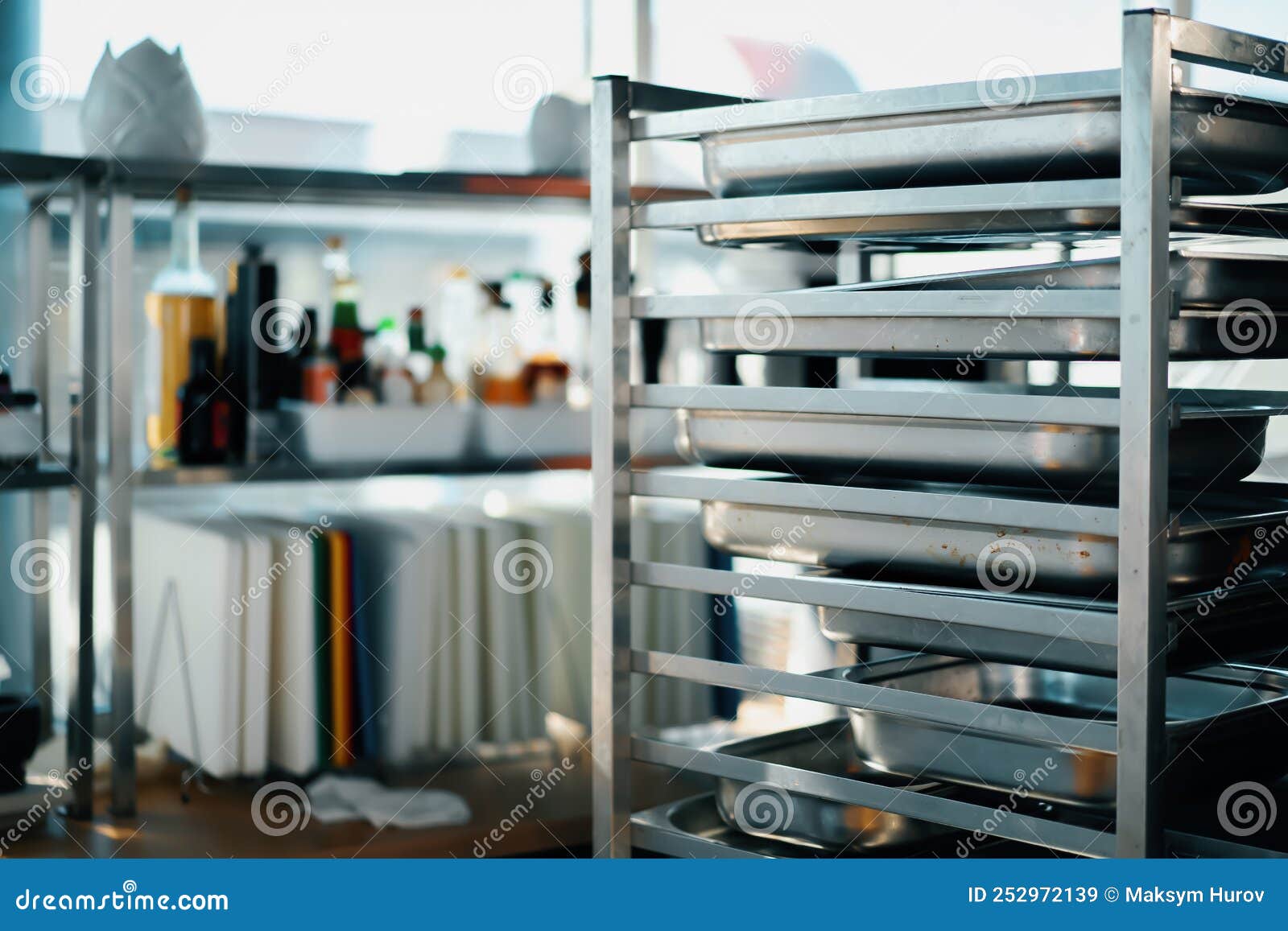 Interior Professional Restaurant Kitchen, Rack with Baking Sheets Stock ...