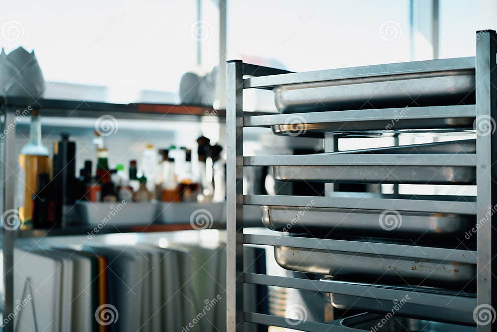 Interior Professional Restaurant Kitchen, Rack with Baking Sheets Stock ...