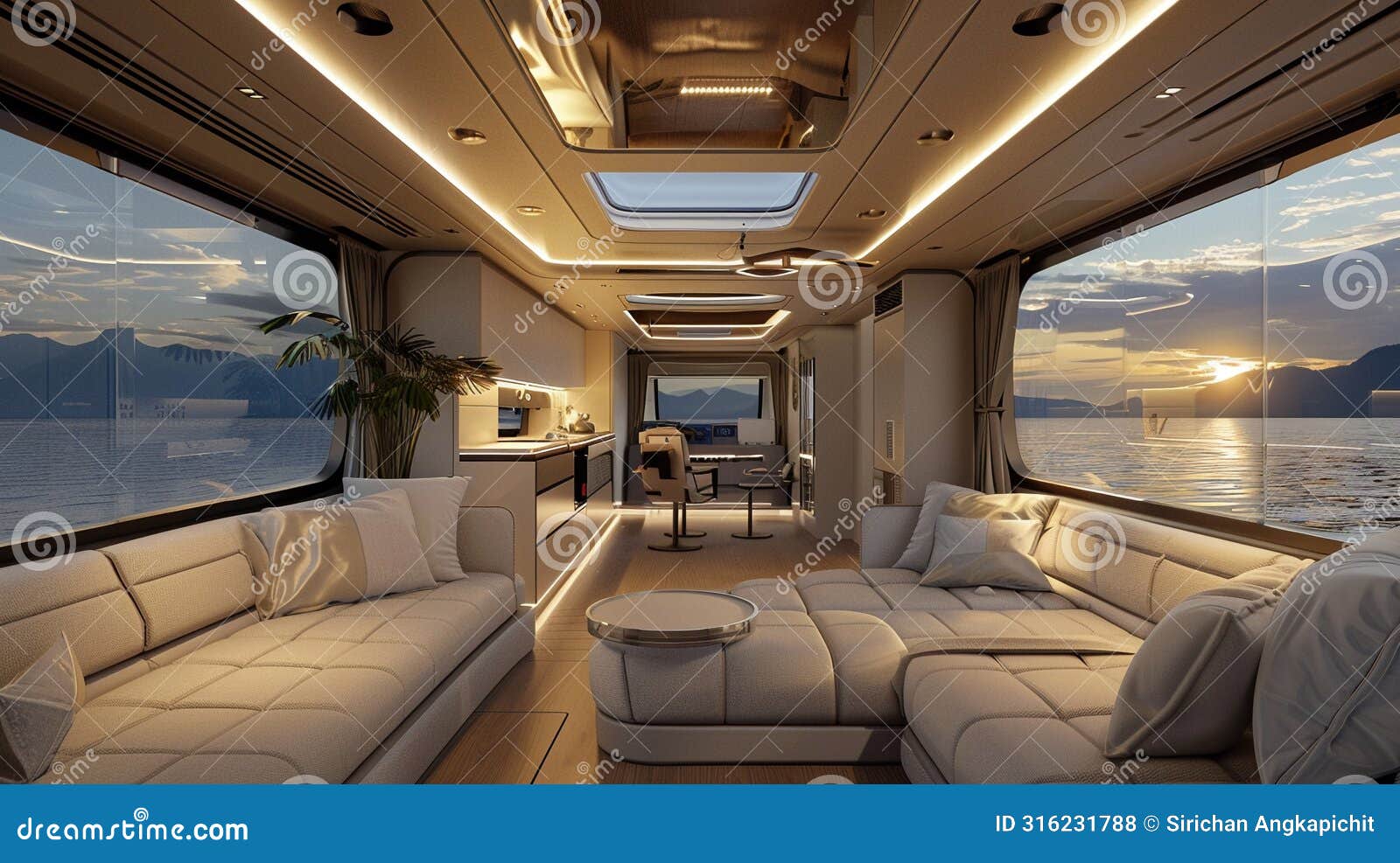 The Interior of the Recreational Vehicle Features a Minimal Design ...