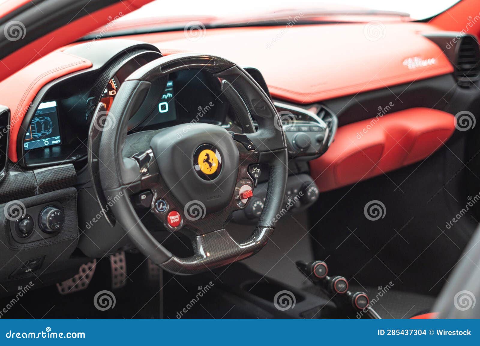Interior of a Red Ferrari 488 Sports Car with a Digital Display ...