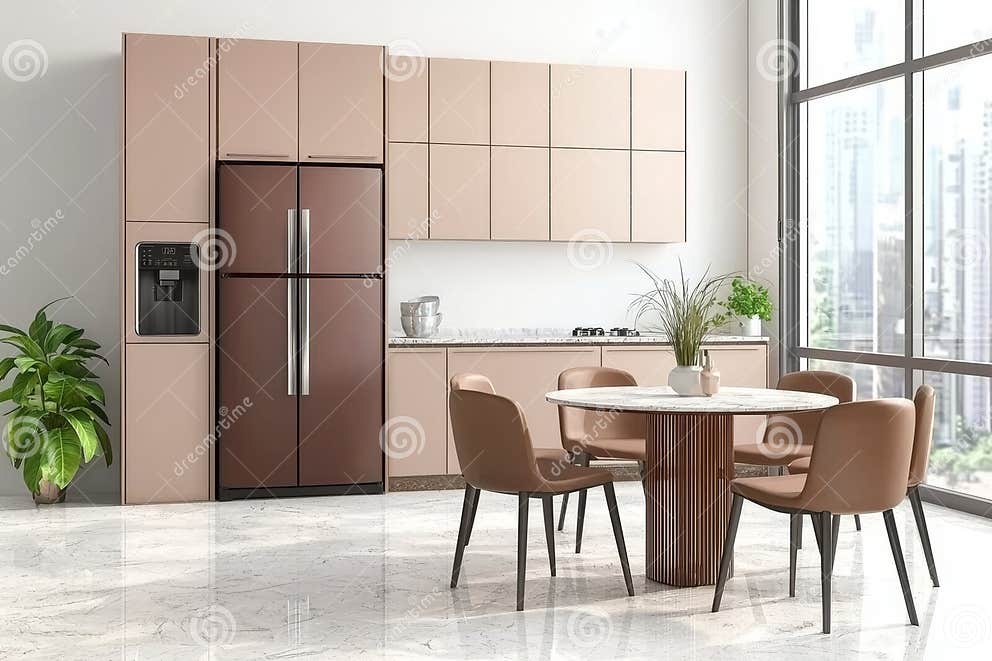 An Interior Rendering of a Modern Kitchen with a Round Dining Table and ...