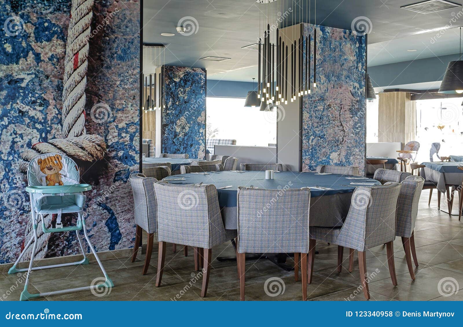 Interior of Restaurant with Blue Sea Theme 2 Stock Photo - Image of ...