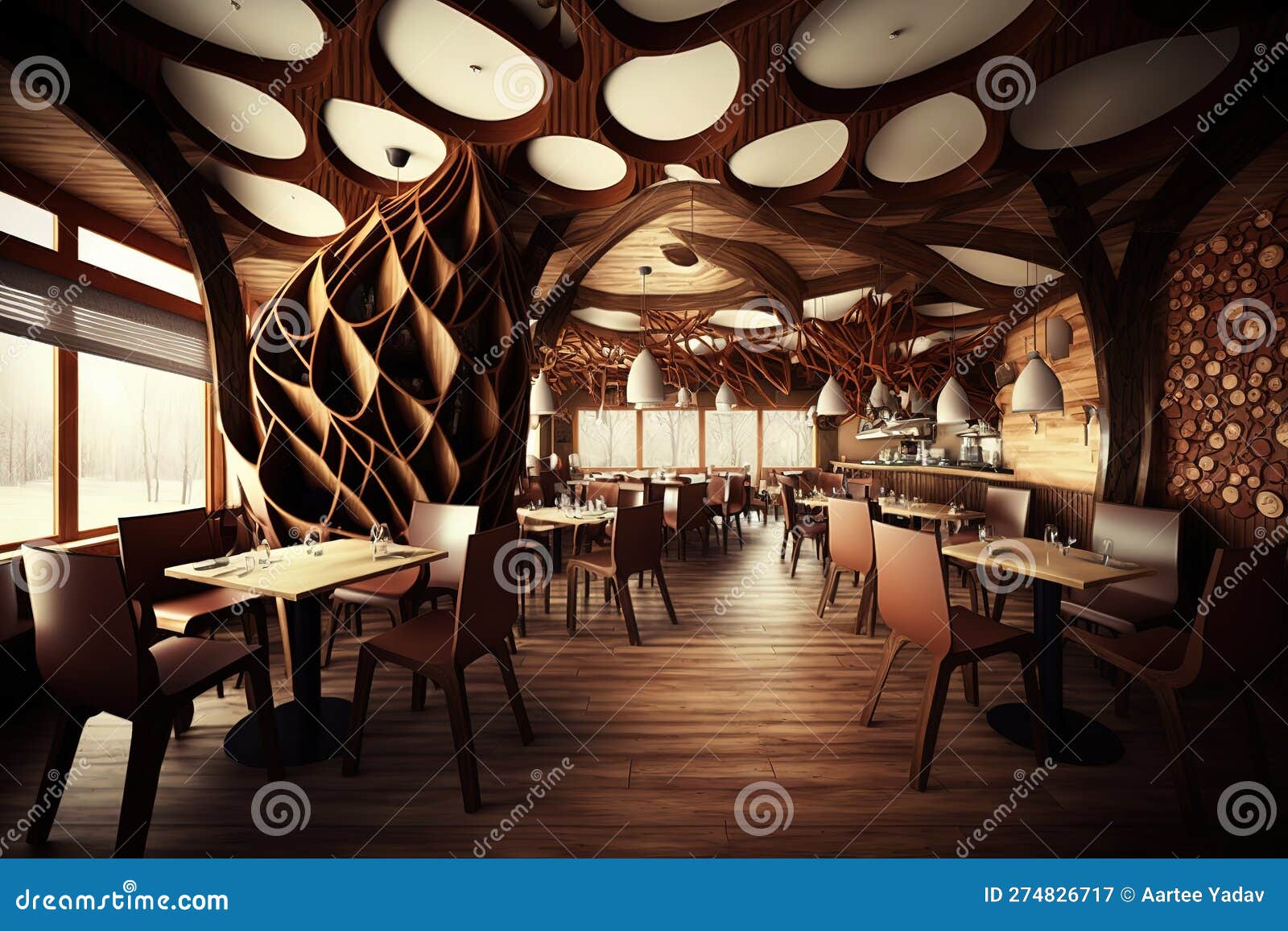 Interior of Restaurant. Panorama. Wooden Design. Generative Ai Stock ...