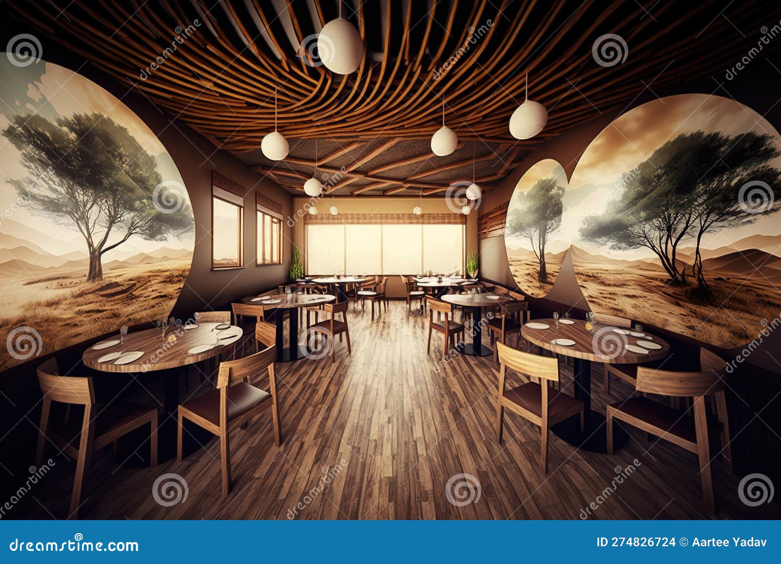 Interior of Restaurant. Panorama. Wooden Design. Generative Ai Stock ...