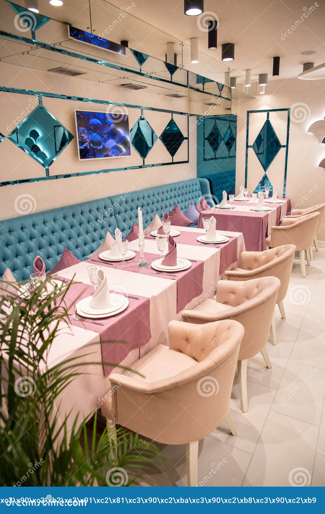 The Interior of the Restaurant in Pink and Turquoise Colors Stock Image ...