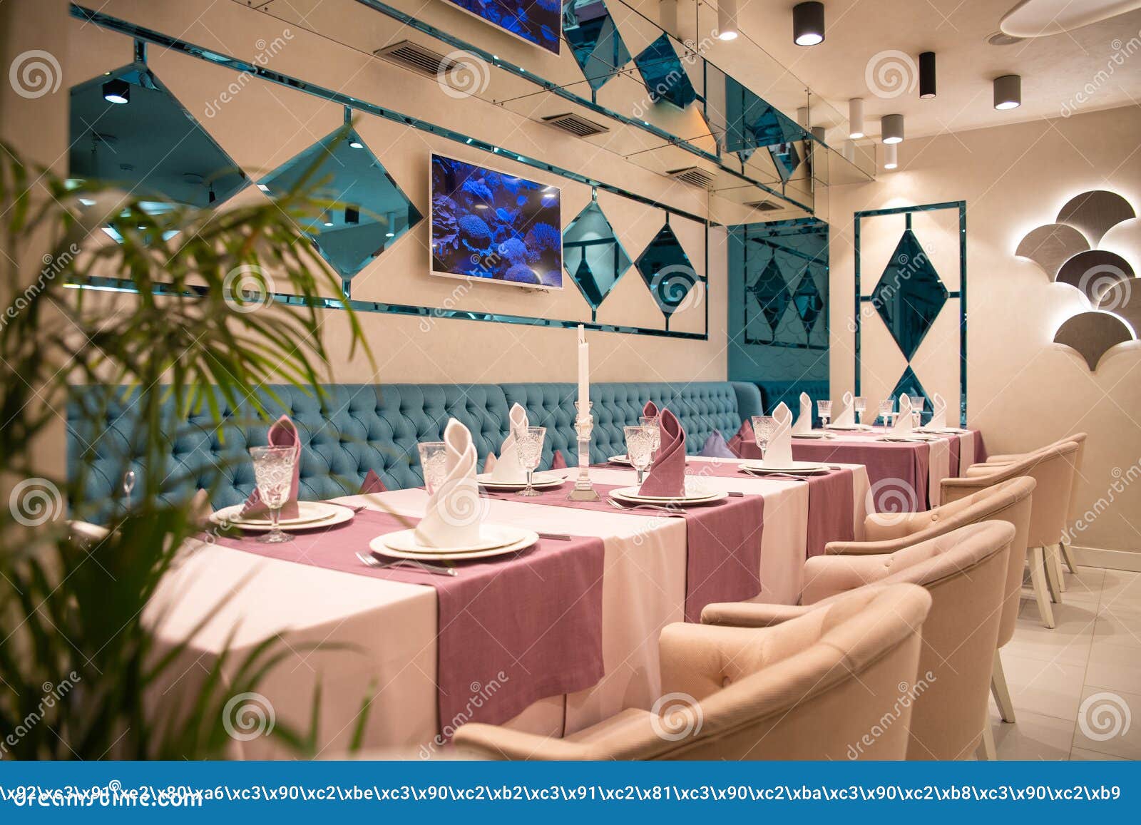 The Interior of the Restaurant in Pink and Turquoise Colors Stock Image ...