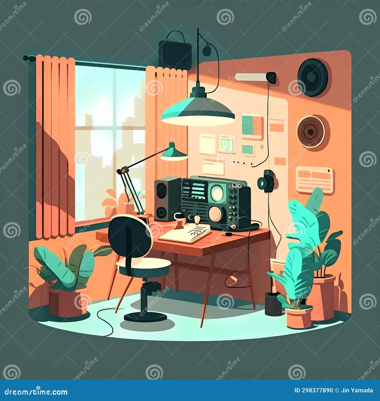Interior of a Room with a Computer and a Radio. Vector Illustration ...