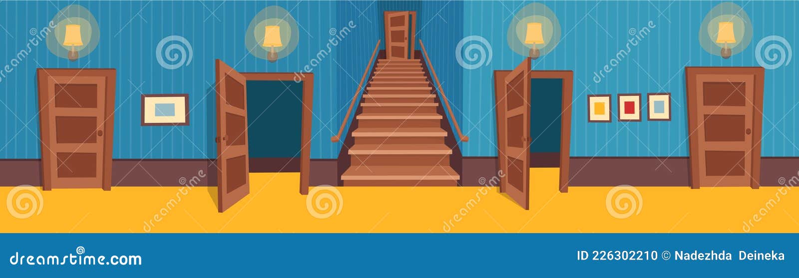 Interior Room with a Stairs and Doors. Vector Illustration of Cartoon ...