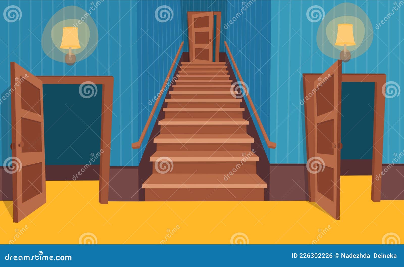 Interior Room with a Stairs and Doors. Vector Illustration of Cartoon ...