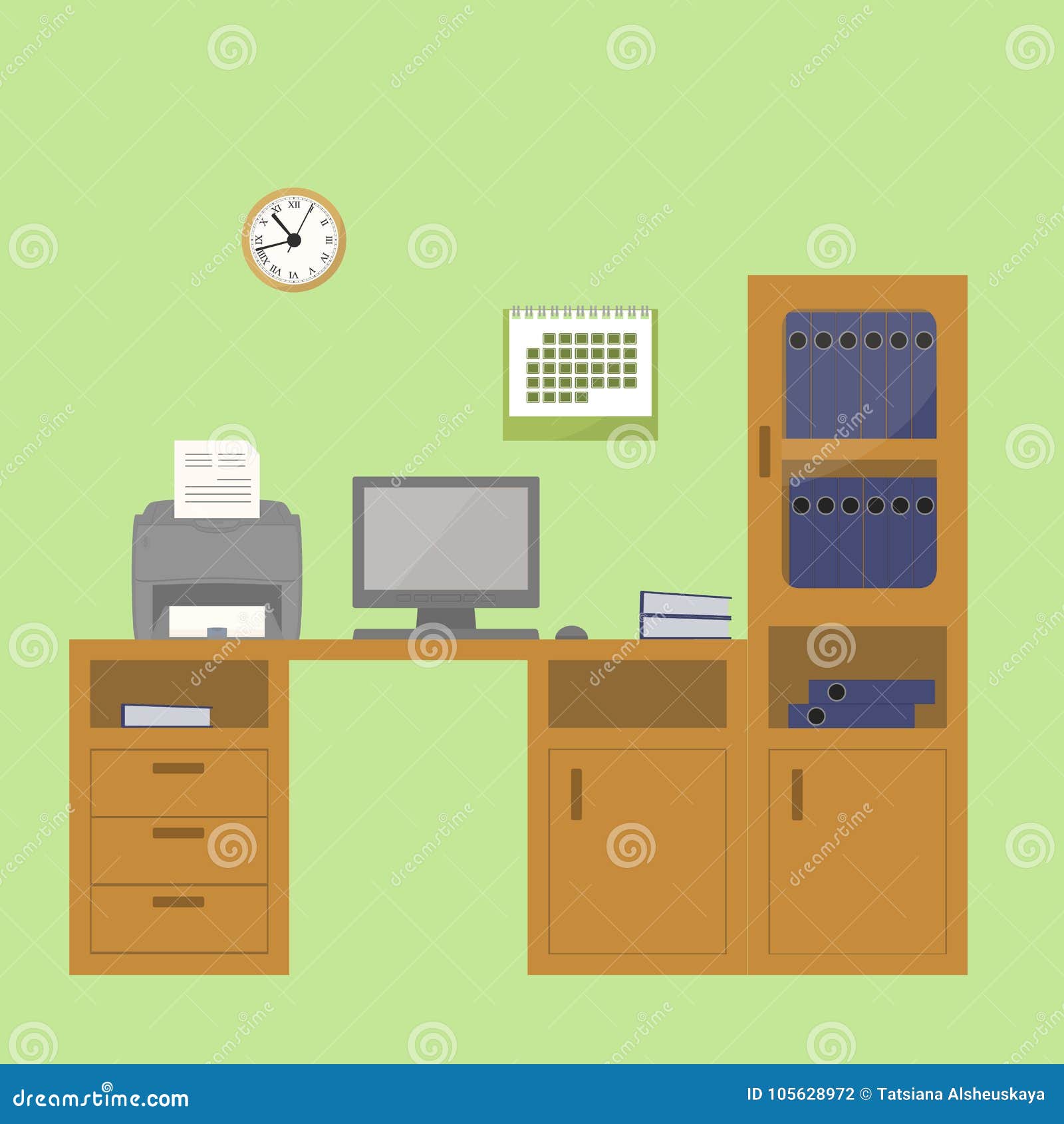 Interior of the Room with Table, Computer, Printer, Document Rack ...