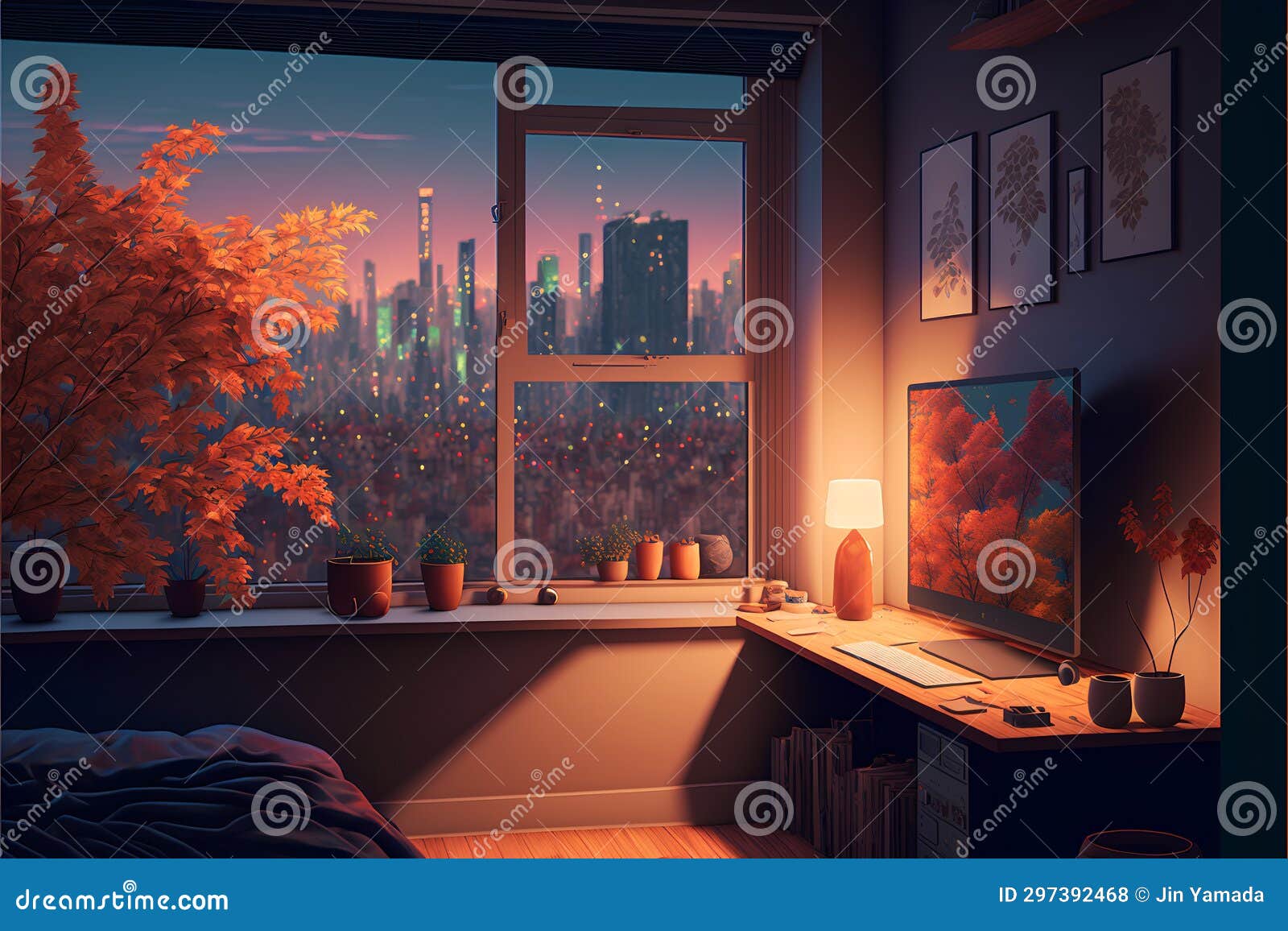 Interior of a Room with a Window Overlooking the City. 3D Rendering ...