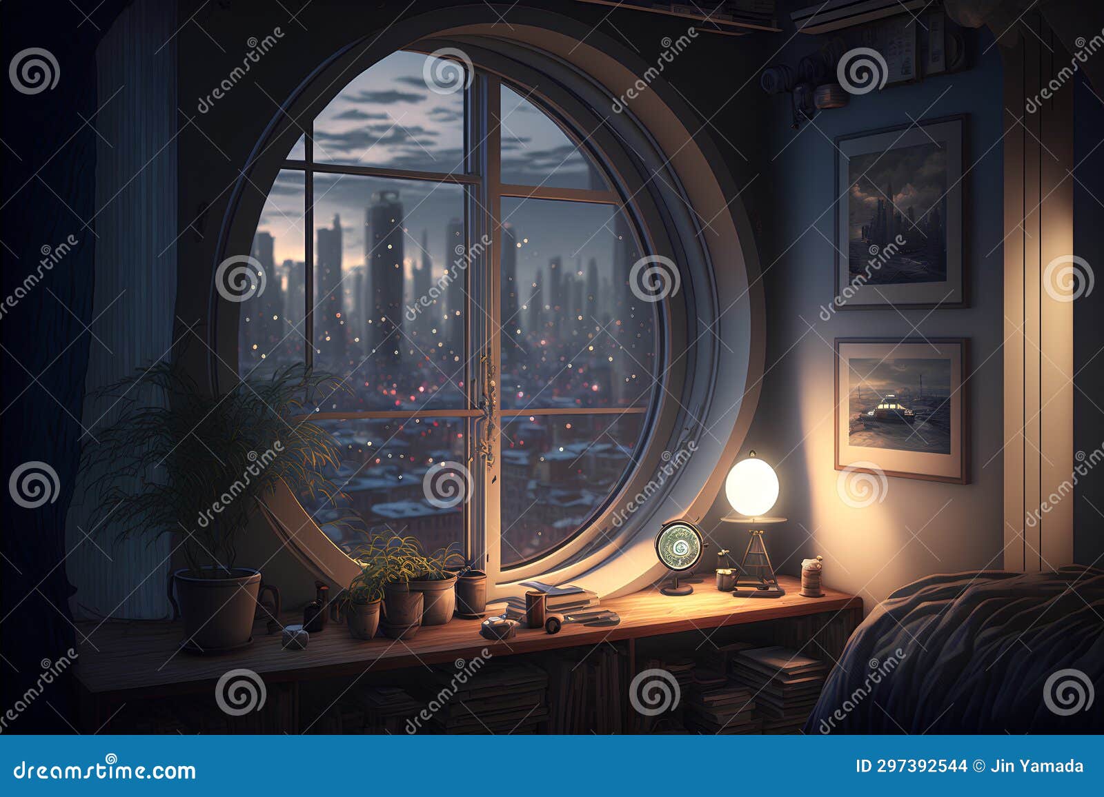 Interior of the Room with a Window Overlooking the City. 3D Rendering ...