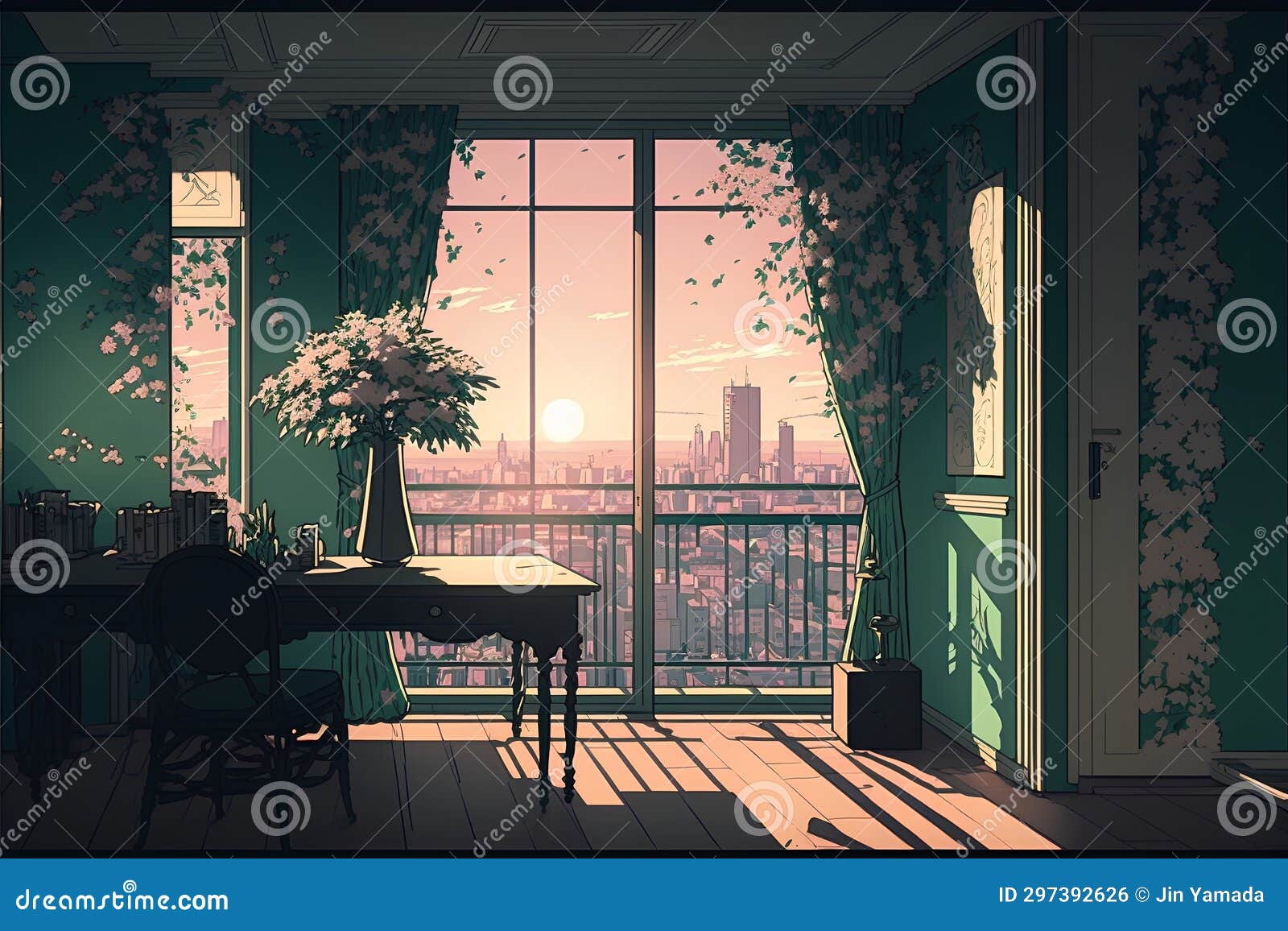 Interior of the Room with a Window Overlooking the City. Vector ...