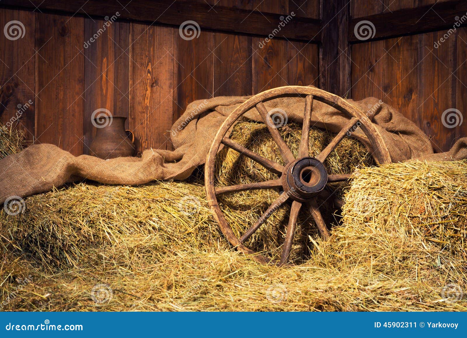 Interior of a Rural Farm - Hay, Wheel, Pitcher Stock Image - Image of ...