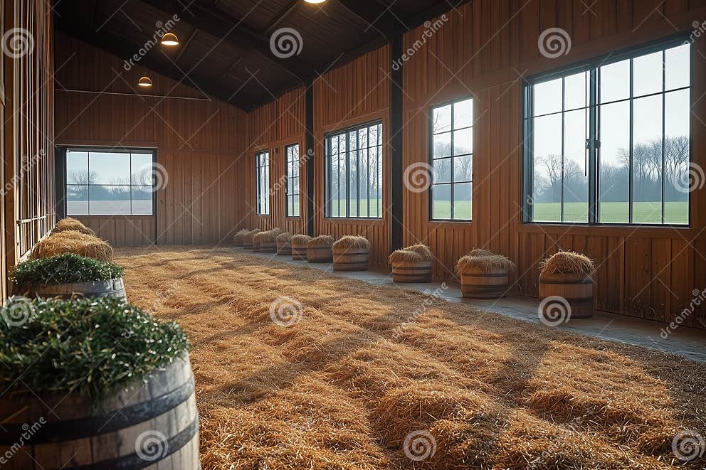 Interior of a Rustic Barn with Straw and Barrels during Daylight in a ...