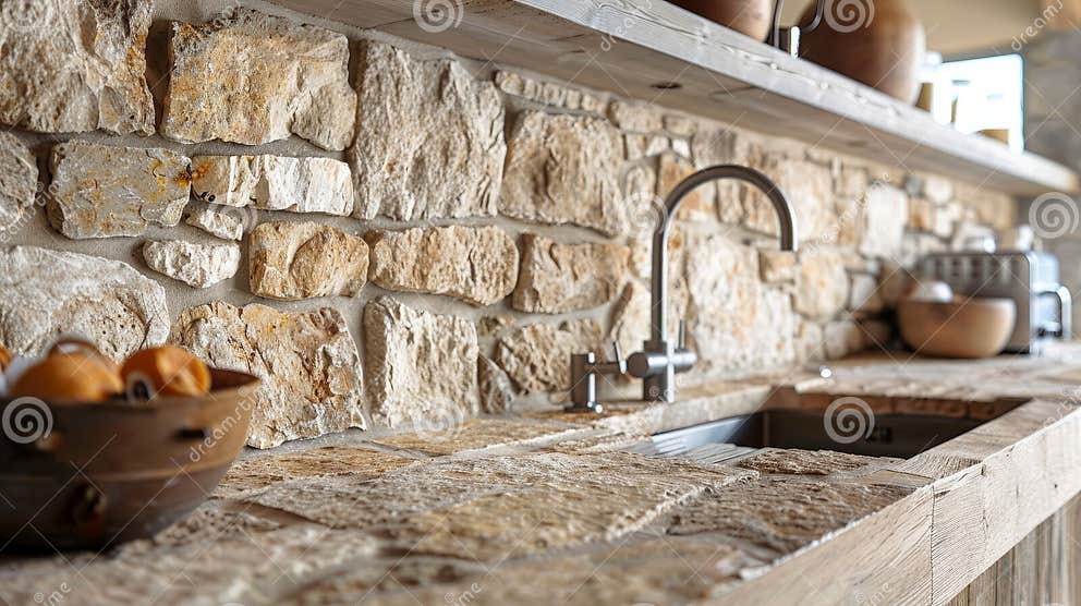 Interior of a Rustic Kitchen with Stone Wall Stock Photo - Image of ...