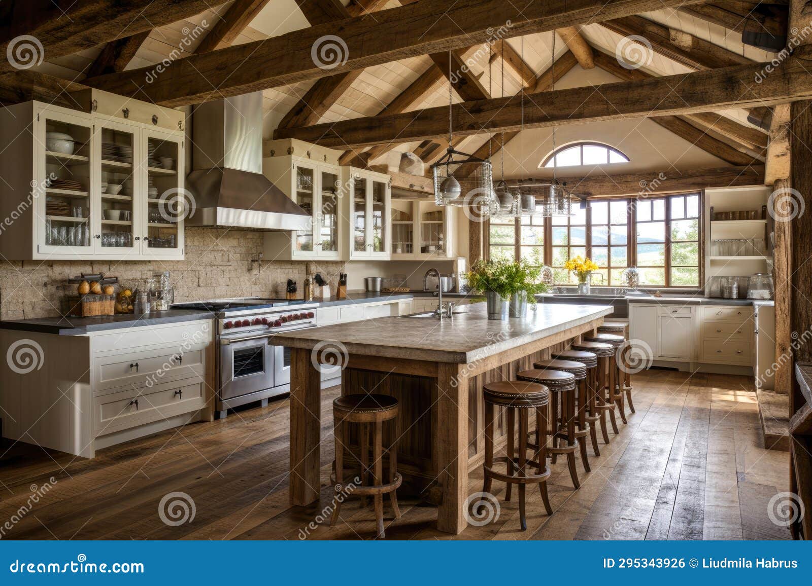Interior of a Rustic Kitchen with Wooden Beams and White Walls Stock ...