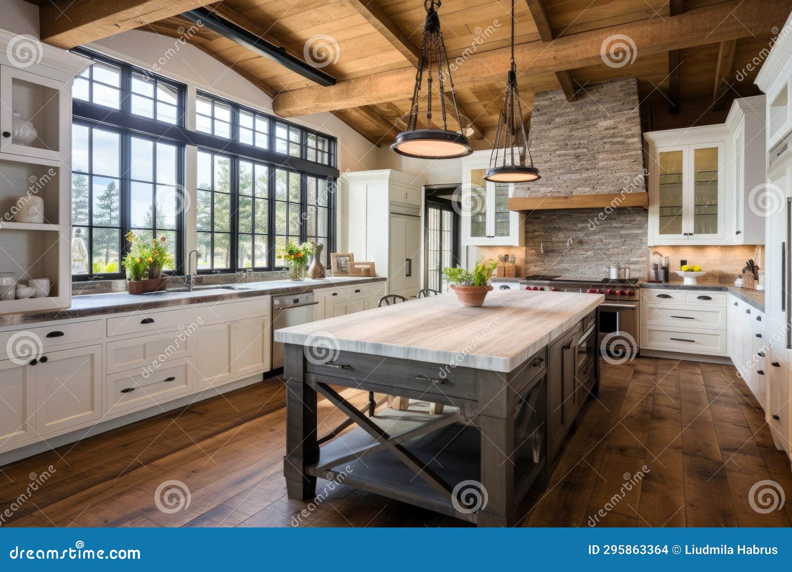Interior of a Rustic Kitchen with Wooden Beams and White Walls Stock ...