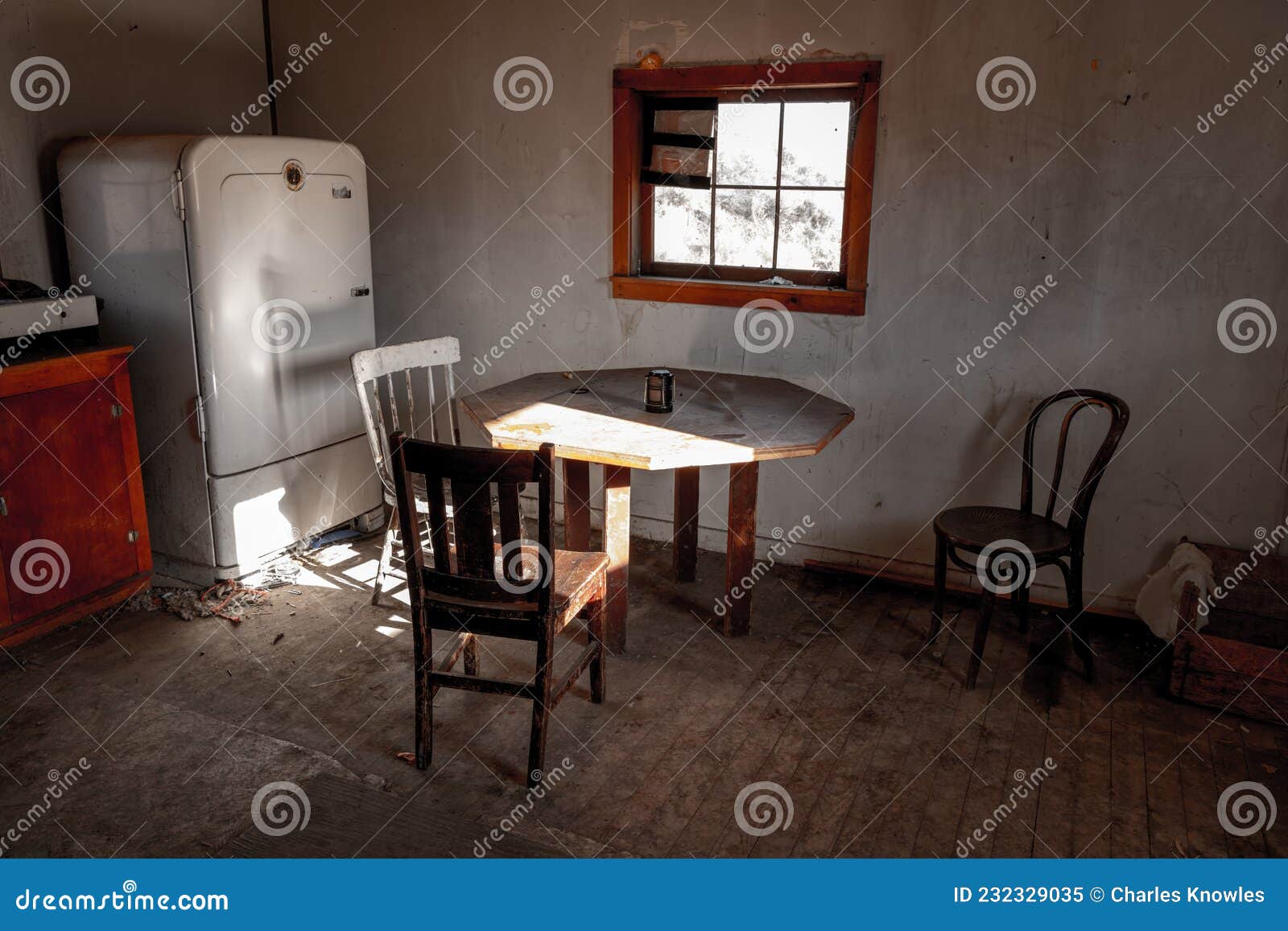 Interior of a Rustic Mountain Cabin with Fridge and Table Stock Image ...
