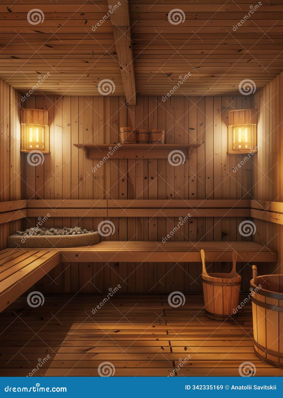 The Interior of a Rustic Wooden Sauna Features Soft Lighting, Benches ...